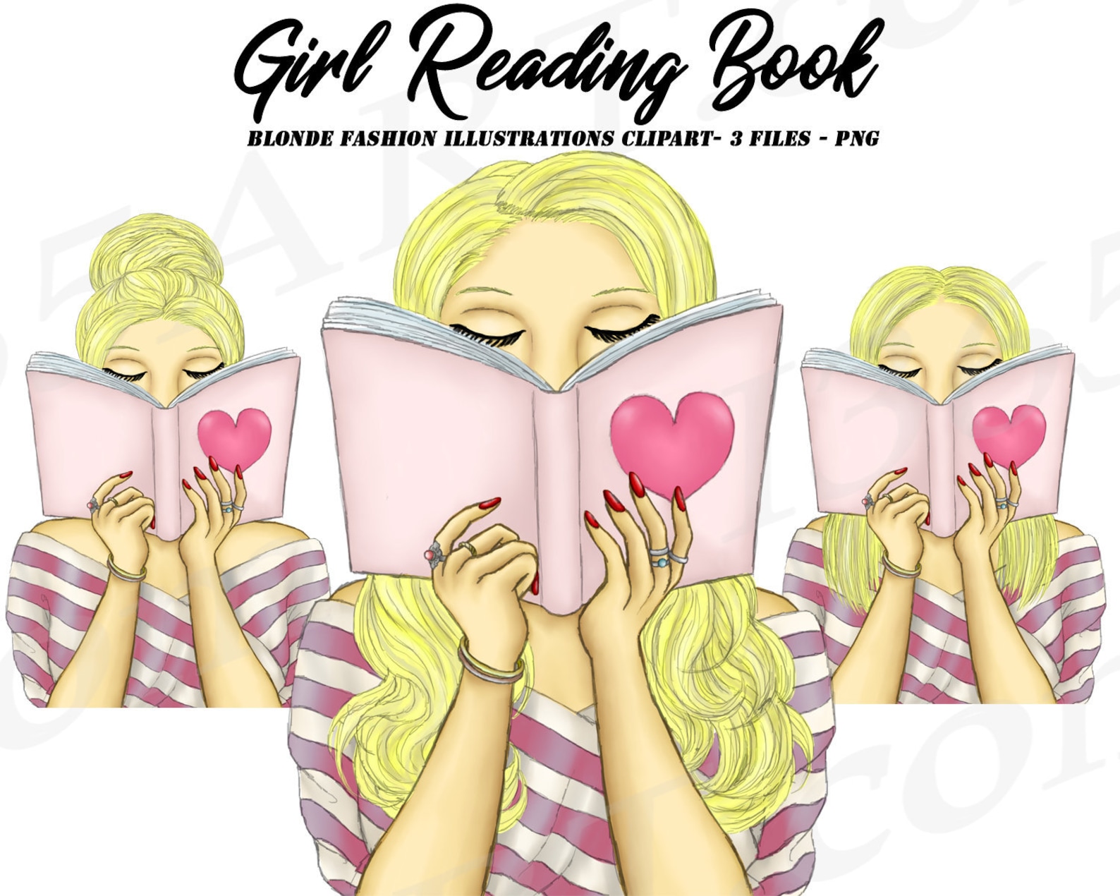 Reading Girl Clipart Fashion Portrait Personal Pink | Etsy