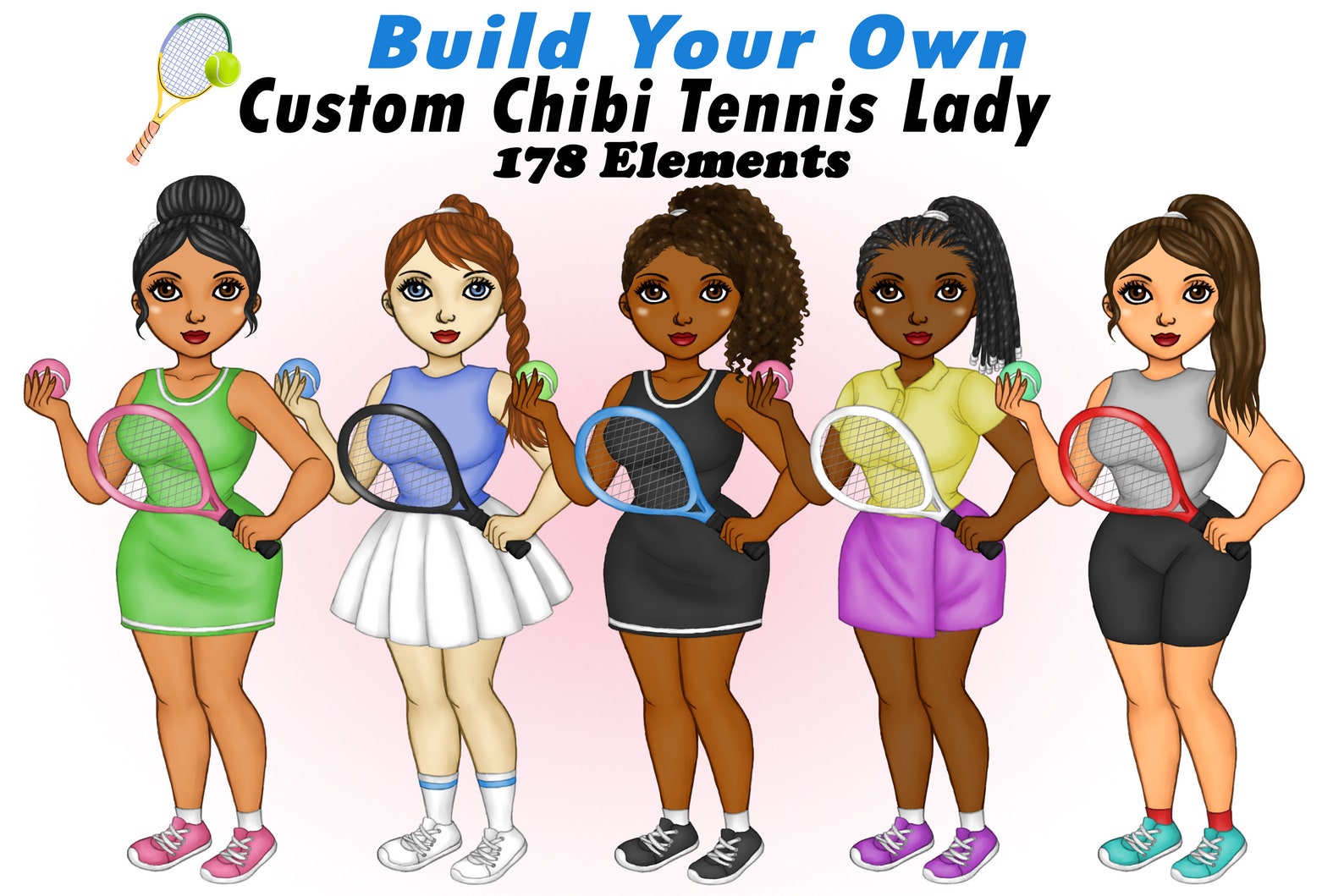 Chibi Tennis Girl Clipart, Customizable Art, Best Friends (digital ...