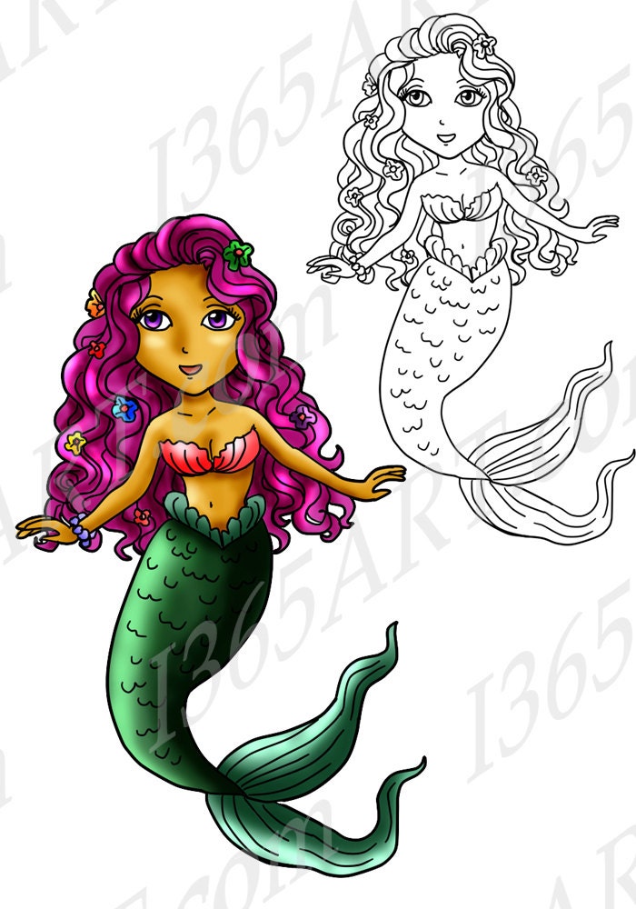 Anime Mermaid Clipart, Coloring Page, Scrapbook Art (digital Download ...
