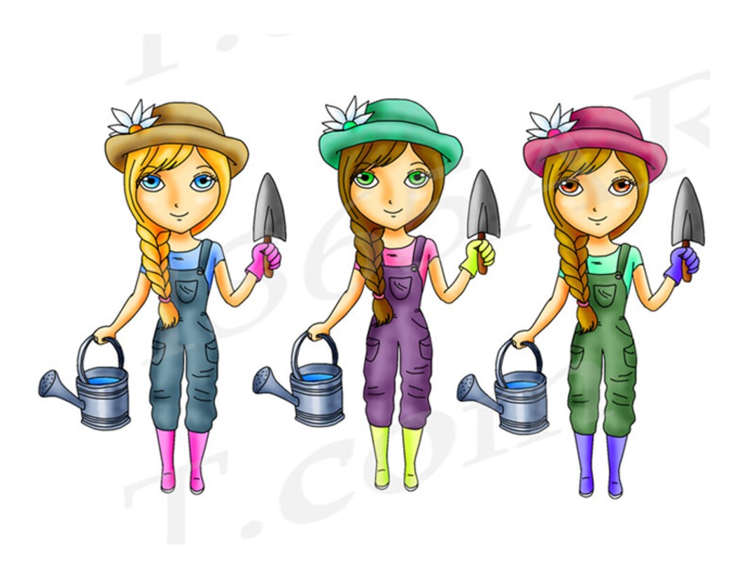 Garden Girls Clipart, Digital Stamps PNG, Coloring Page (digital ...