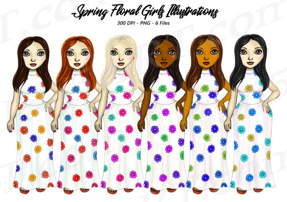 Fashion Girls Clipart, Springtime PNG, African American, Floral Dresses ...