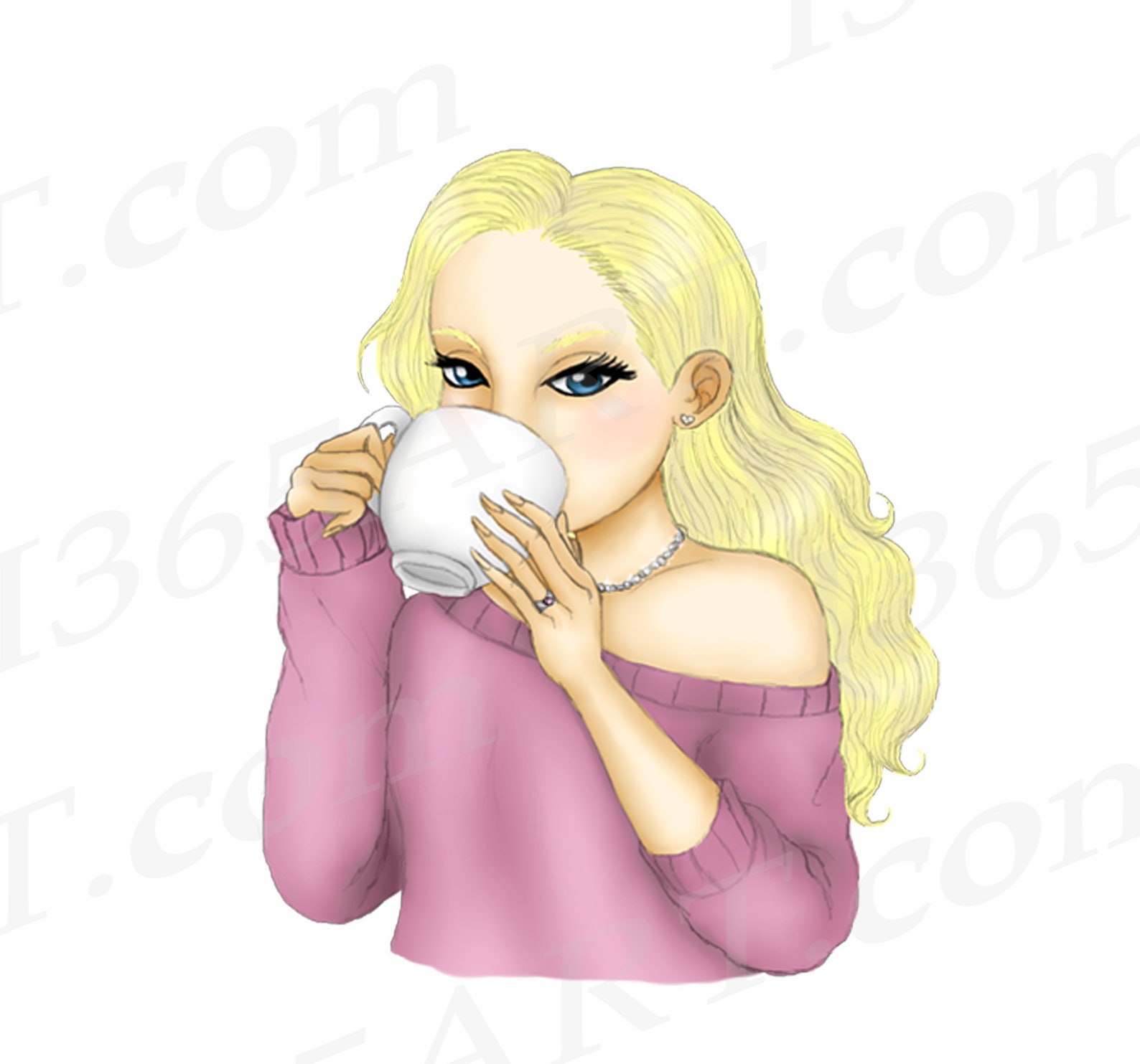 Tea Sipping Girls Clipart Fashion Portrait Sips Tea Coffee - Etsy