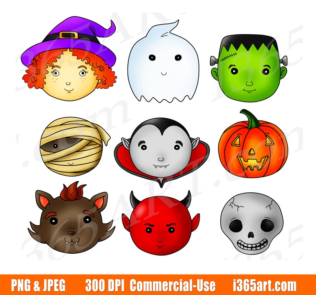 Buy 3 Get 1 Free Halloween Heads Clipart, Halloween Cute Classic ...