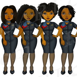 Black Flight Attendant Clipart, Chibi Flight Attendant Clipart, Black ...