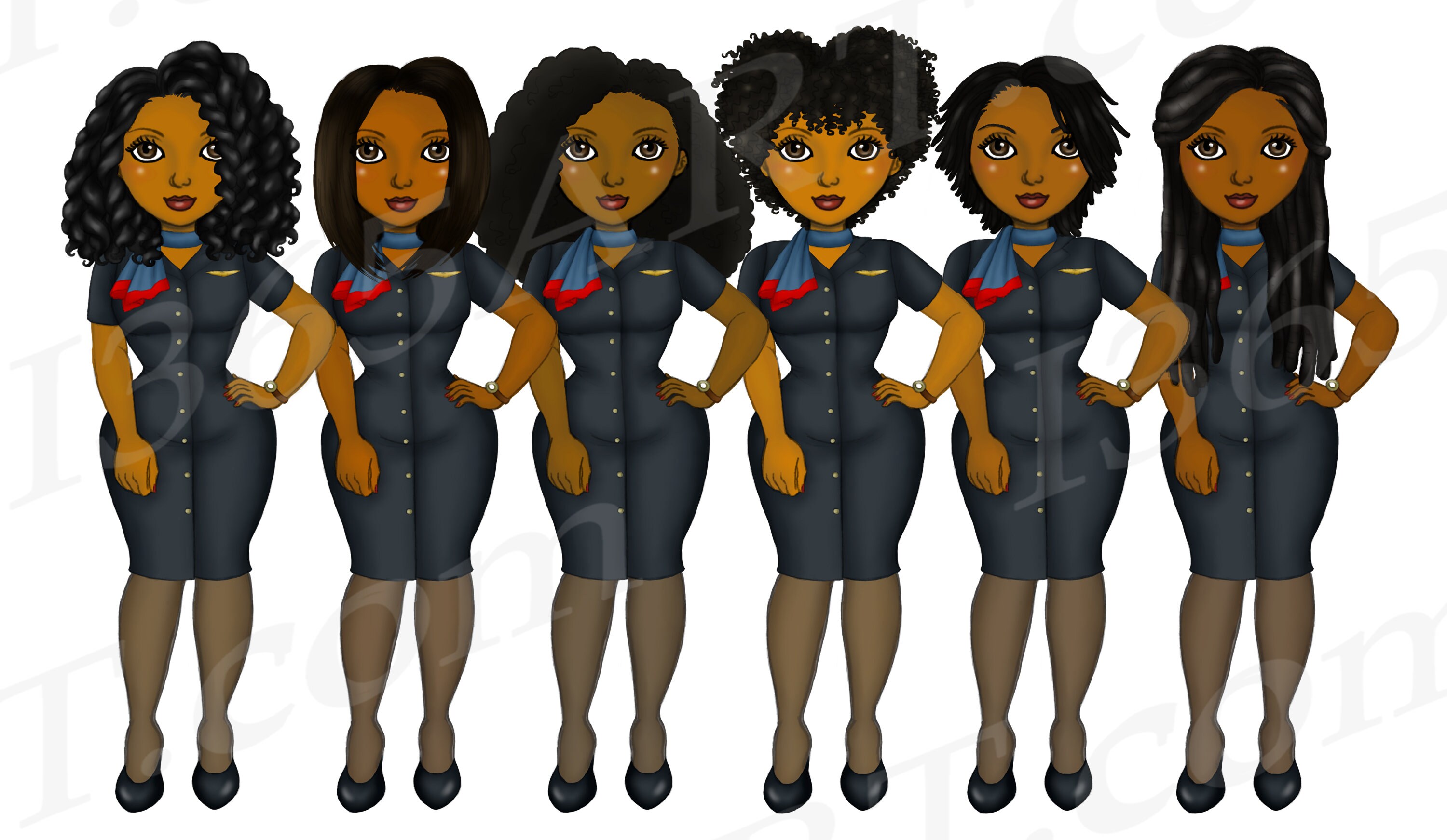 Black Flight Attendant Clipart, Chibi Flight Attendant Clipart, Black ...