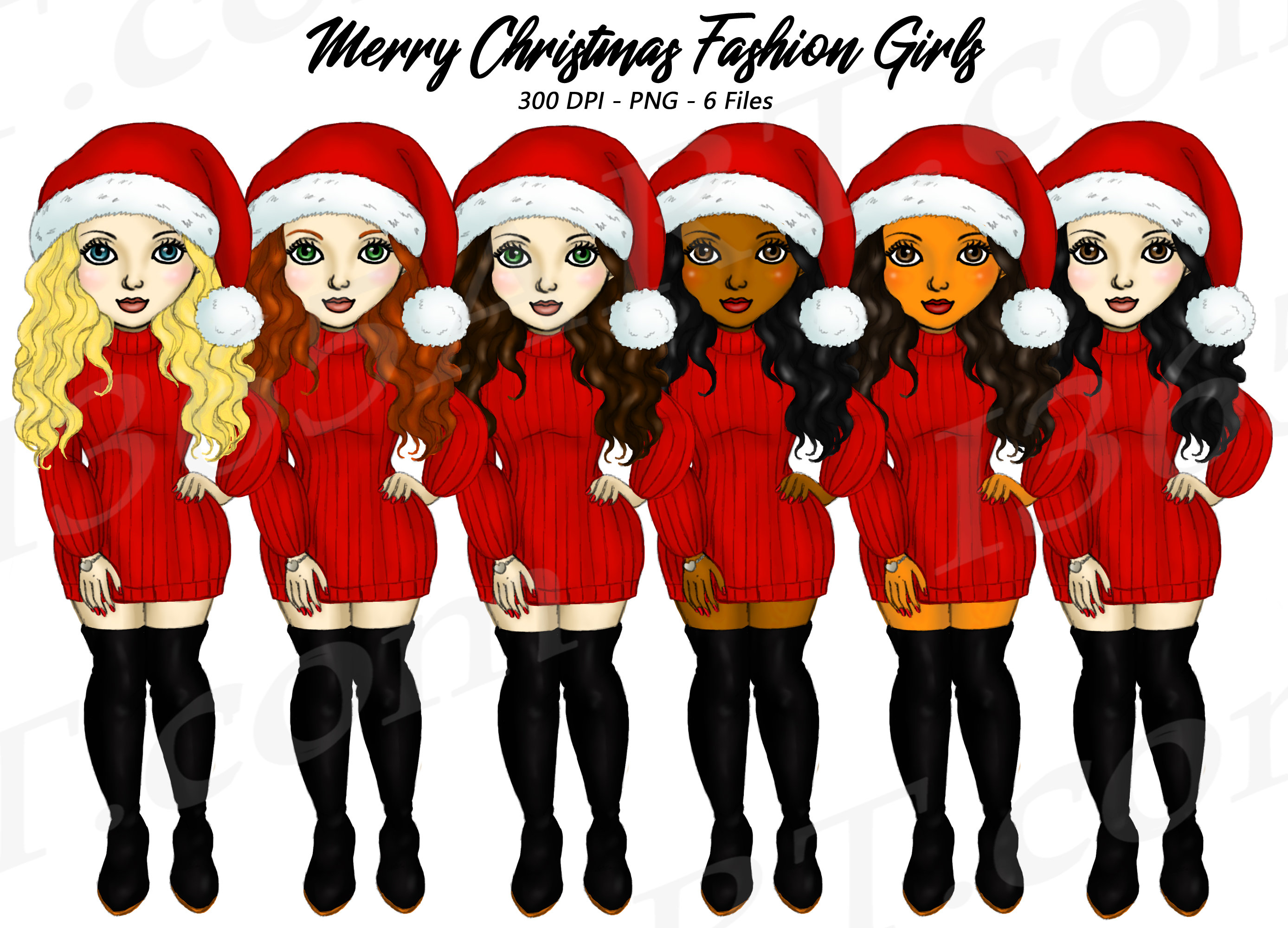 Christmas Girls Clipart Christmas Fashion Red Santa Hat | Etsy