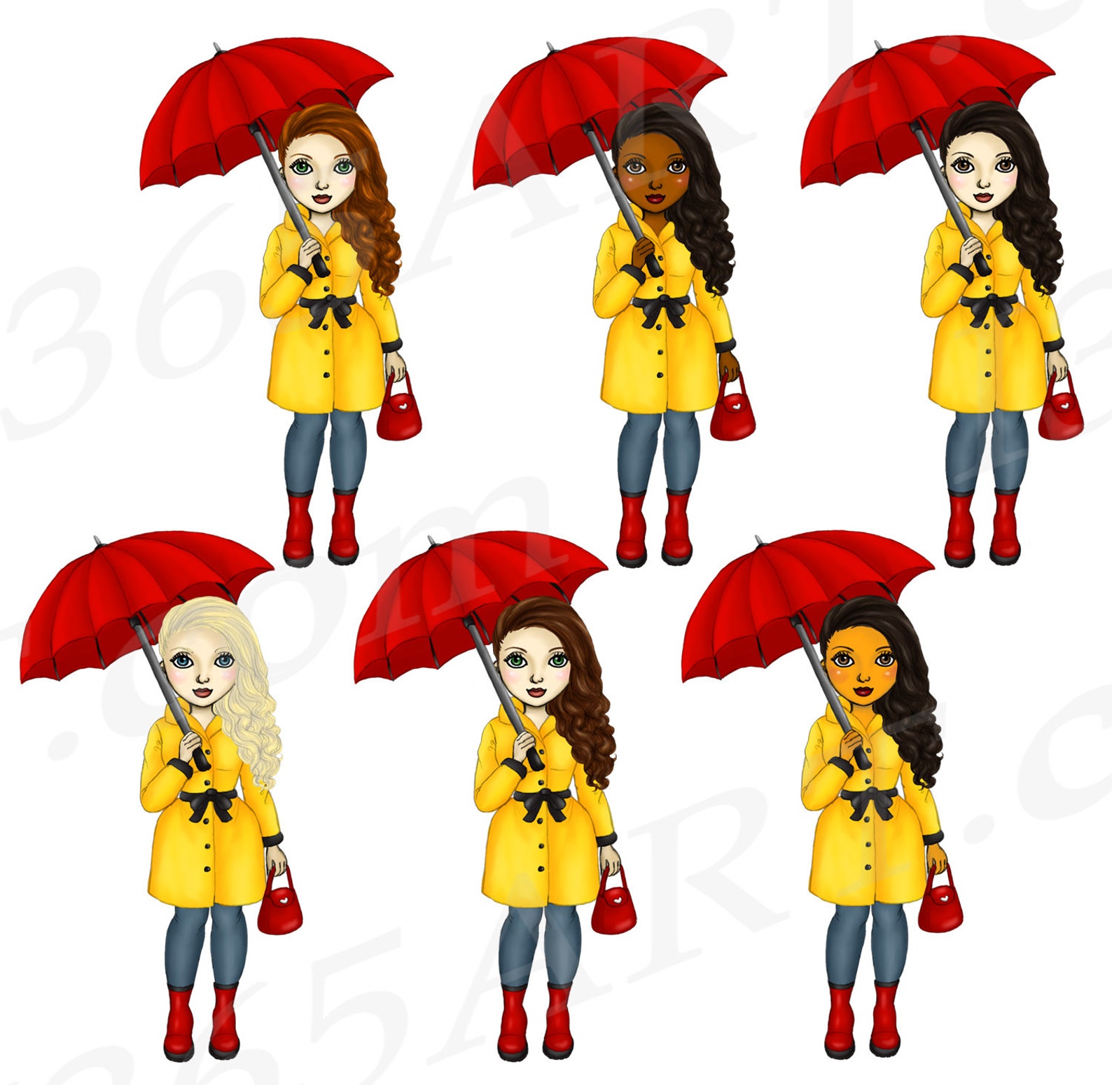 Rainy Day Girls Clipart Raincoats and Umbrellas Spring Rain - Etsy
