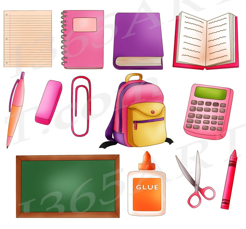 School Supplies Clipart Graphics, Back to School Art (PNG & JPEG) - Etsy