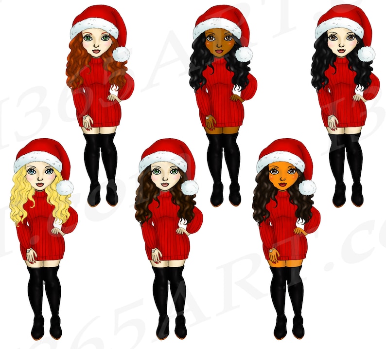 Christmas Girls Clipart Christmas Fashion Red Santa Hat - Etsy
