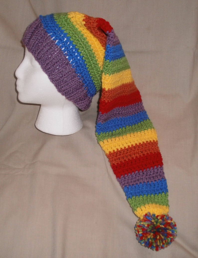 Hand Knit Hat/beanie Rainbow Striped Hat Extra Long - Etsy
