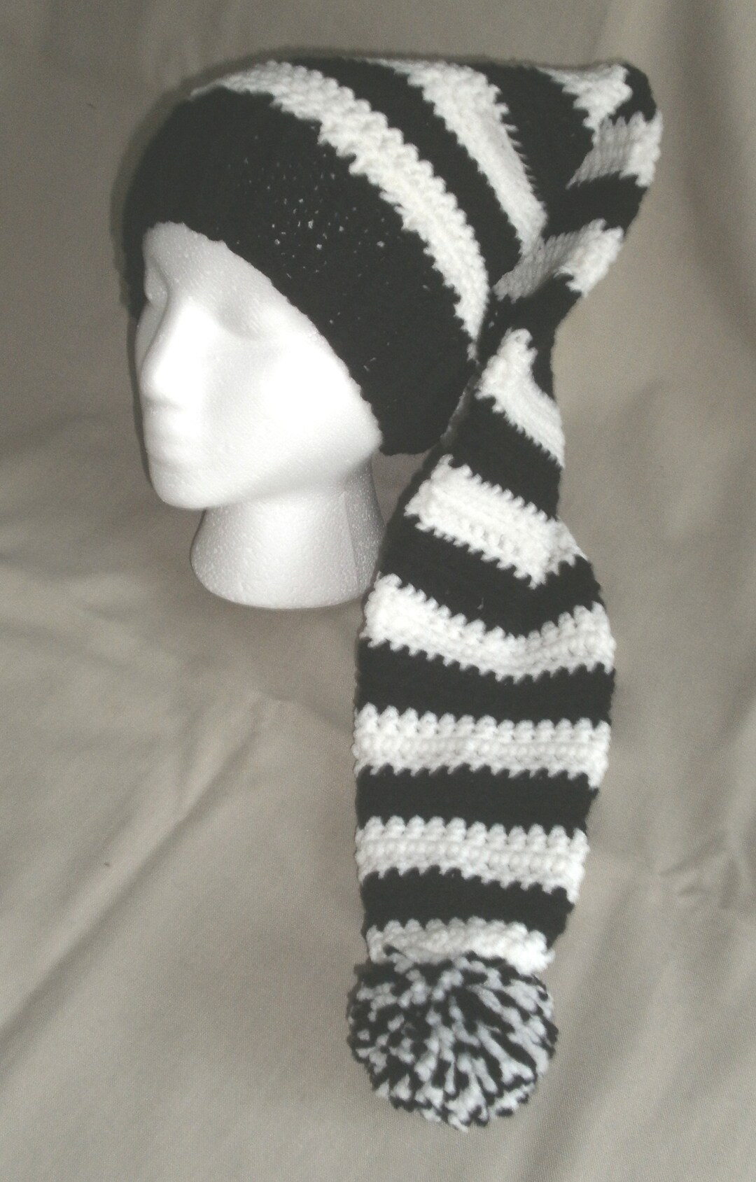 Hand Knit Black & White Striped Stocking Hat, Extra Long - Free ...