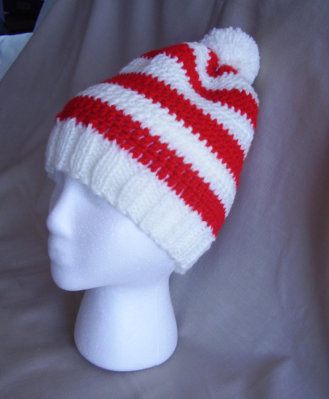 Hand Knit Red & White Striped Hat/beanie - Etsy