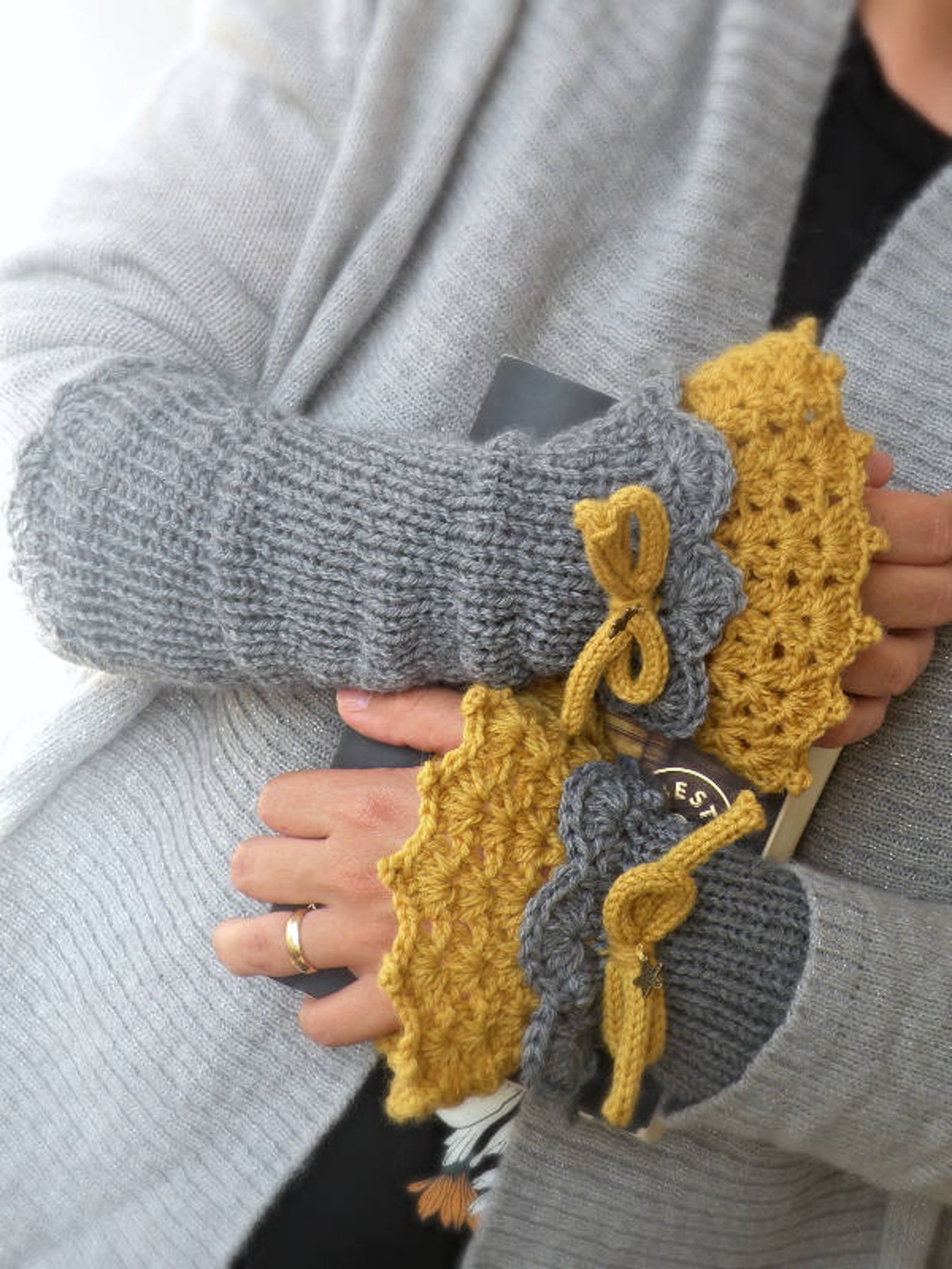 Handmade Knit Fingerless Gloves, Gray and Yellow Romantic Lace Mittens ...