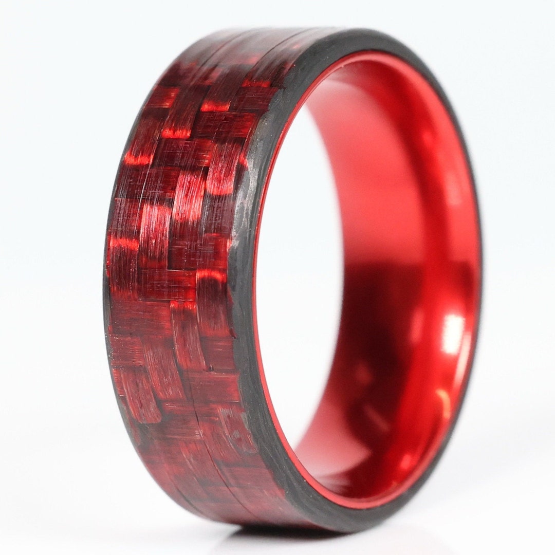 Red Wedding Band, Men's Bands, Red Carbon Fiber With Red Aluminum Liner ...
