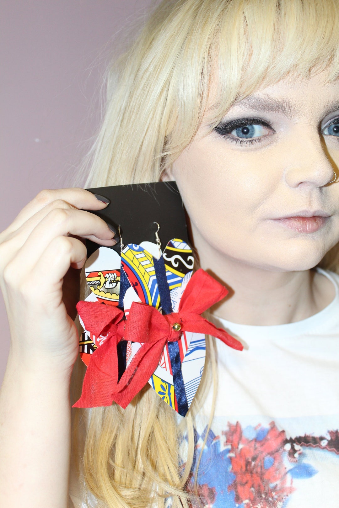 Pretty Disturbia Playing Card Heart Ribbon Handmade Earrings - Etsy