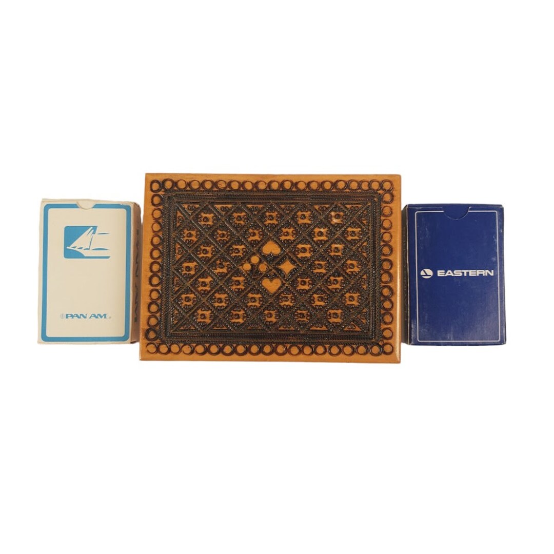 Vintage Eastern Airlines and Pan Am Playing Cards Sealed in Carved Wood ...