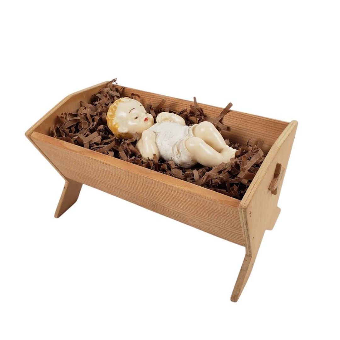 Vintage Wax Baby Jesus in Manger Bed Crib Nativity Figurine Hand ...