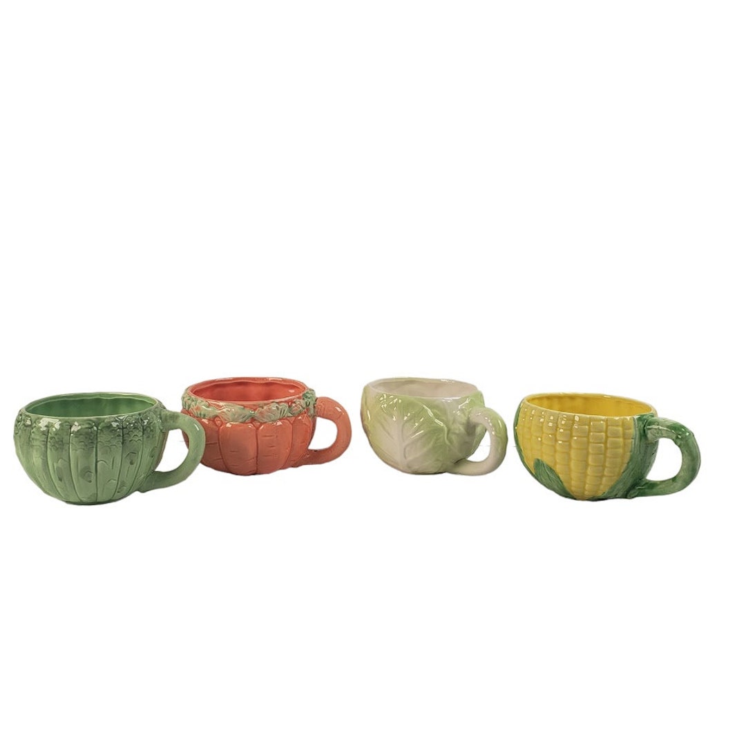 Majolica Soup Mugs Vegetables Corn Carrots Asparagus Cabbage Vintage ...