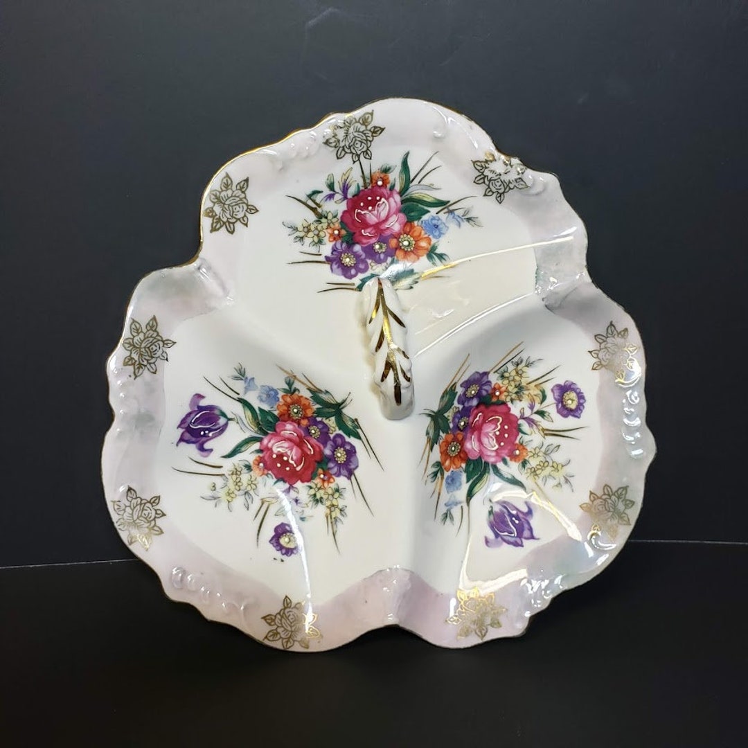 Vintage Lusterware Handled Candy Dish Lavender Rim Floral Pattern With ...