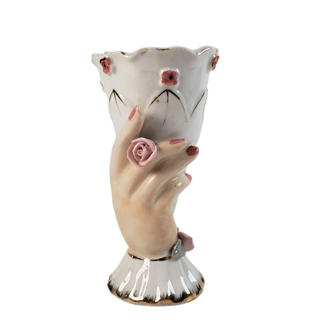 Vintage Lady Hand Vase Porcelain Applied Roses Made in Japan 5 1/2 ...