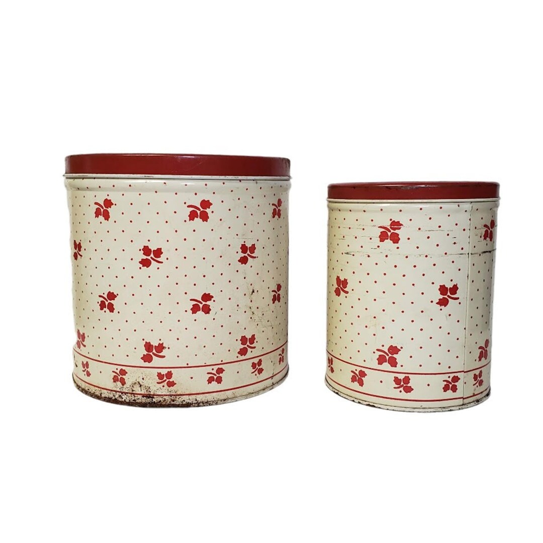 2 Vintage National Can Corp Kitchen Canisters Red Tulip Tin Metal 7 ...