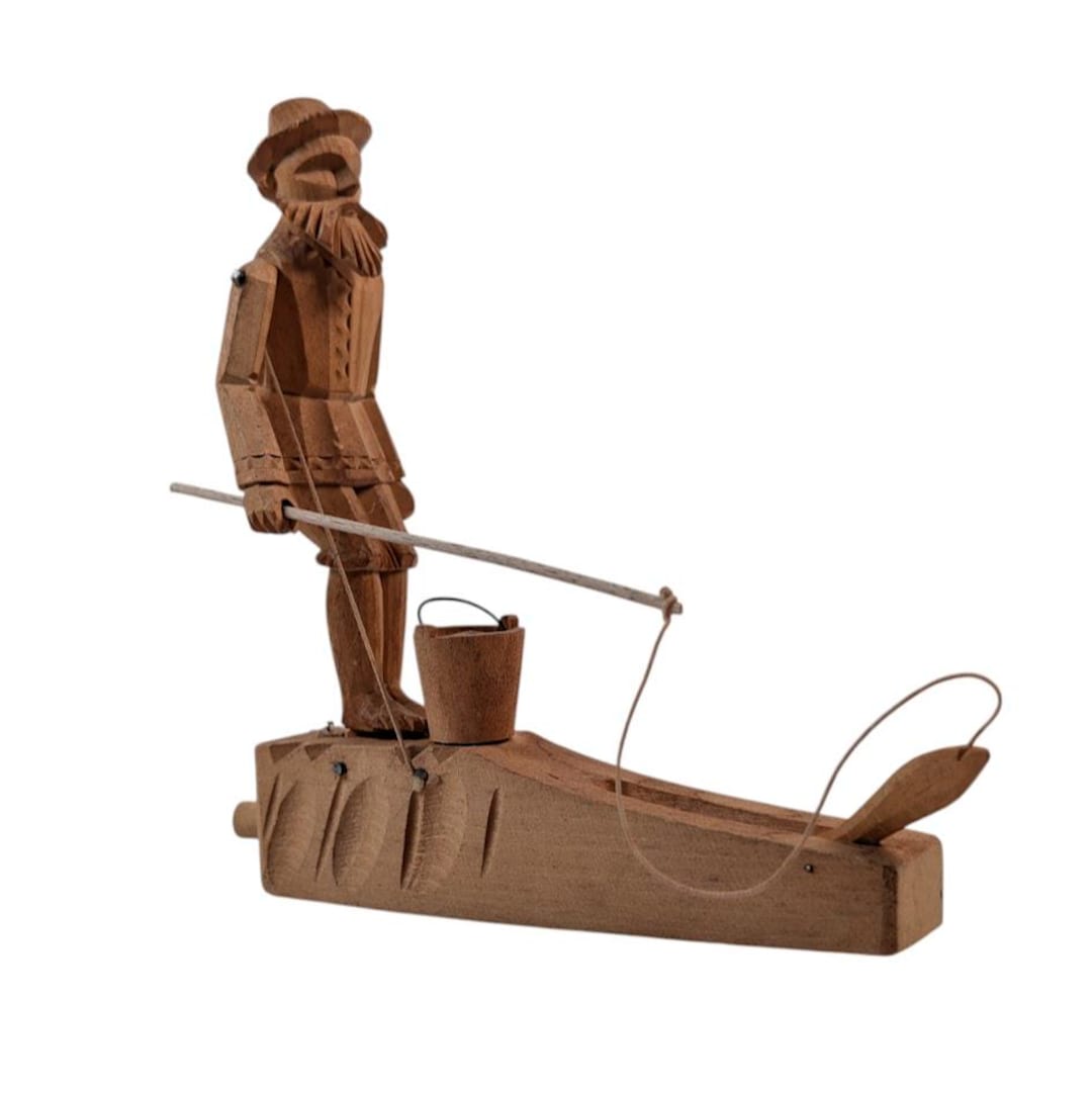 Hand Carved Wood Sculpture Folk Art Articulated Fisherman With Rod and ...