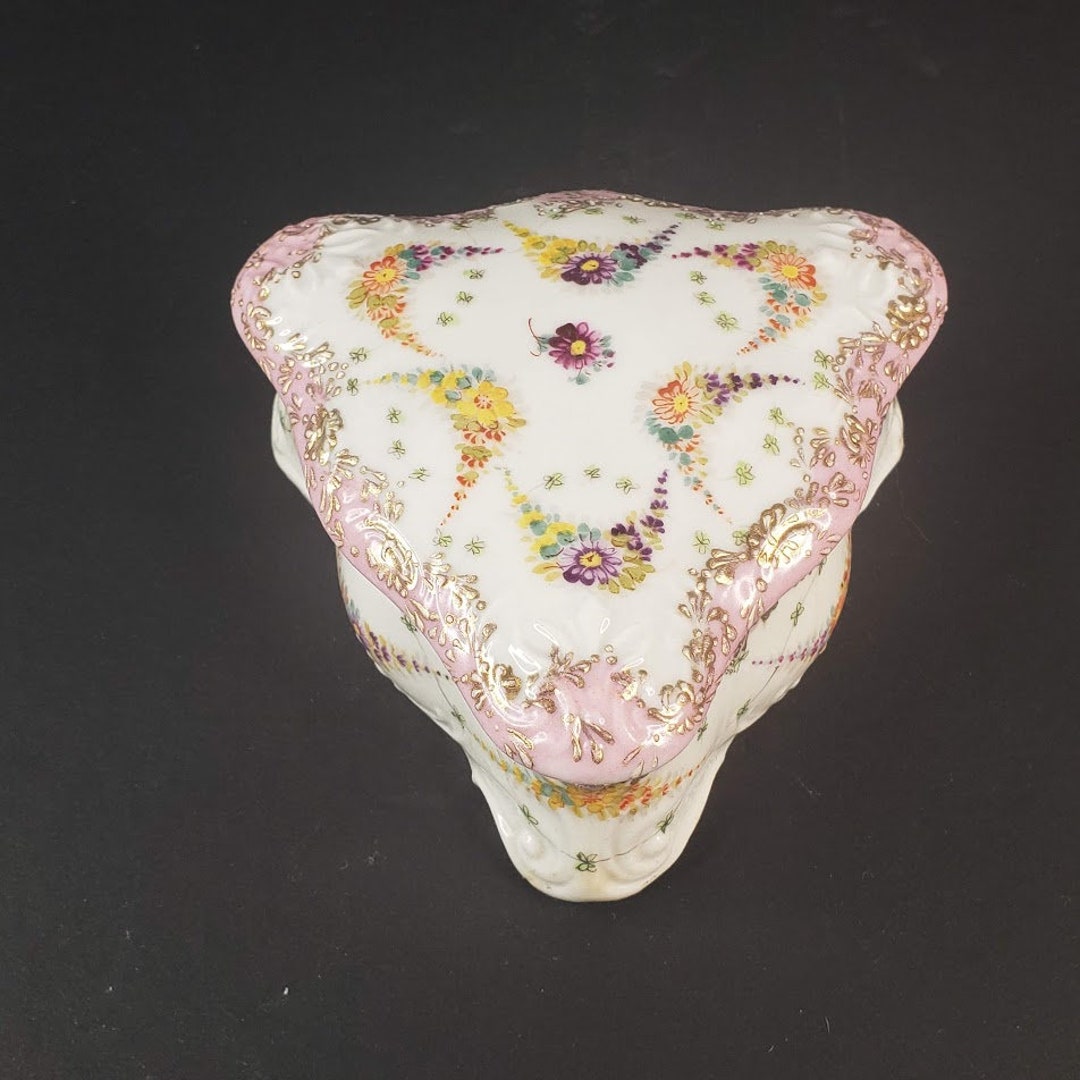 Vintage Trinket Vanity Box Triangle Shape Fine Porcelain Hand Painted ...