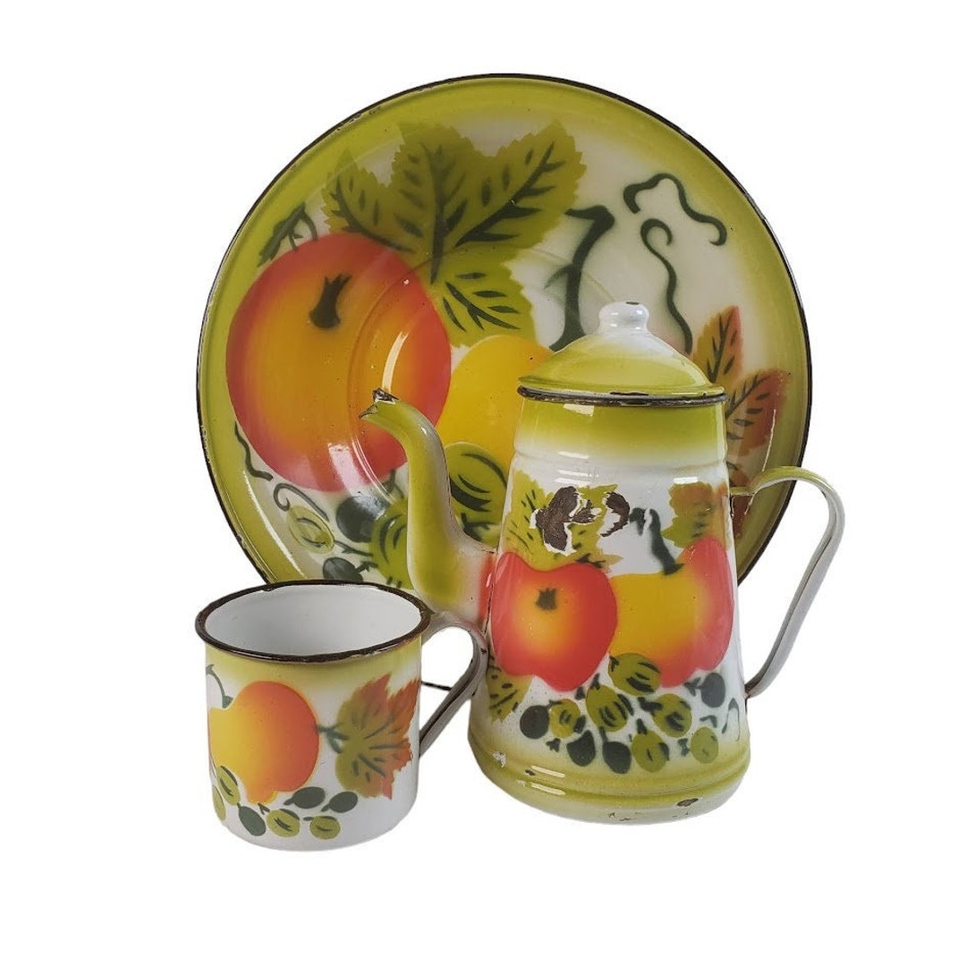 Vintage Enameled Tin Ware Set Bowl Coffee Pot Cup Colorful Fruit Design ...