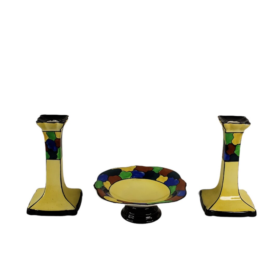Vintage Czech Art Pottery Compote Bowl and 2 Candlesticks Made in ...