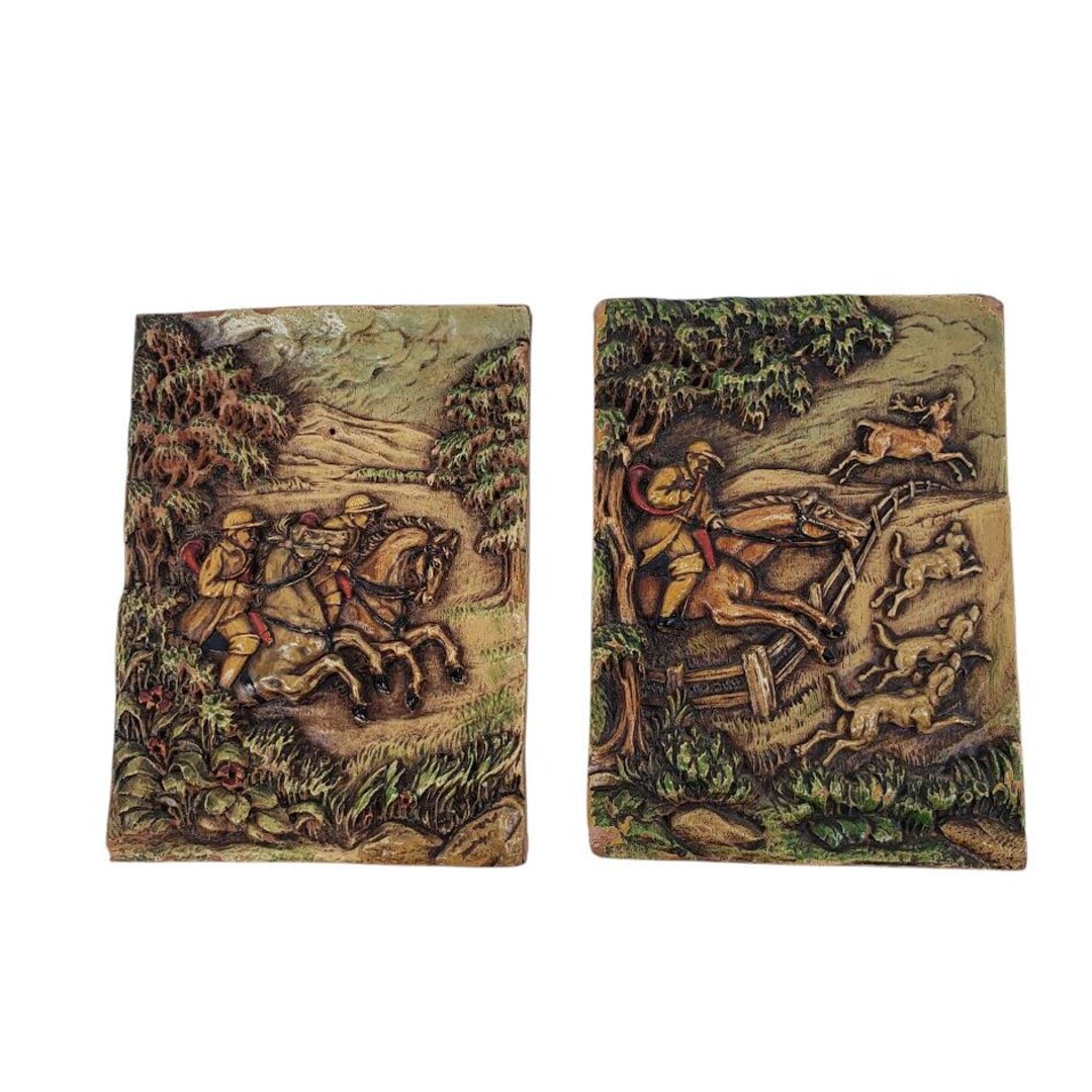 Syroco Wall Plaque Pair Fox Hunt Hunting Scene Molded Wood Pulp Vintage ...