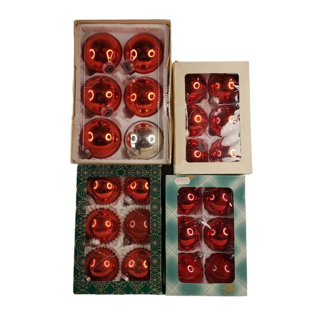 Red Christmas Ornaments Glass Balls Metal and Plastic Caps Made in West ...