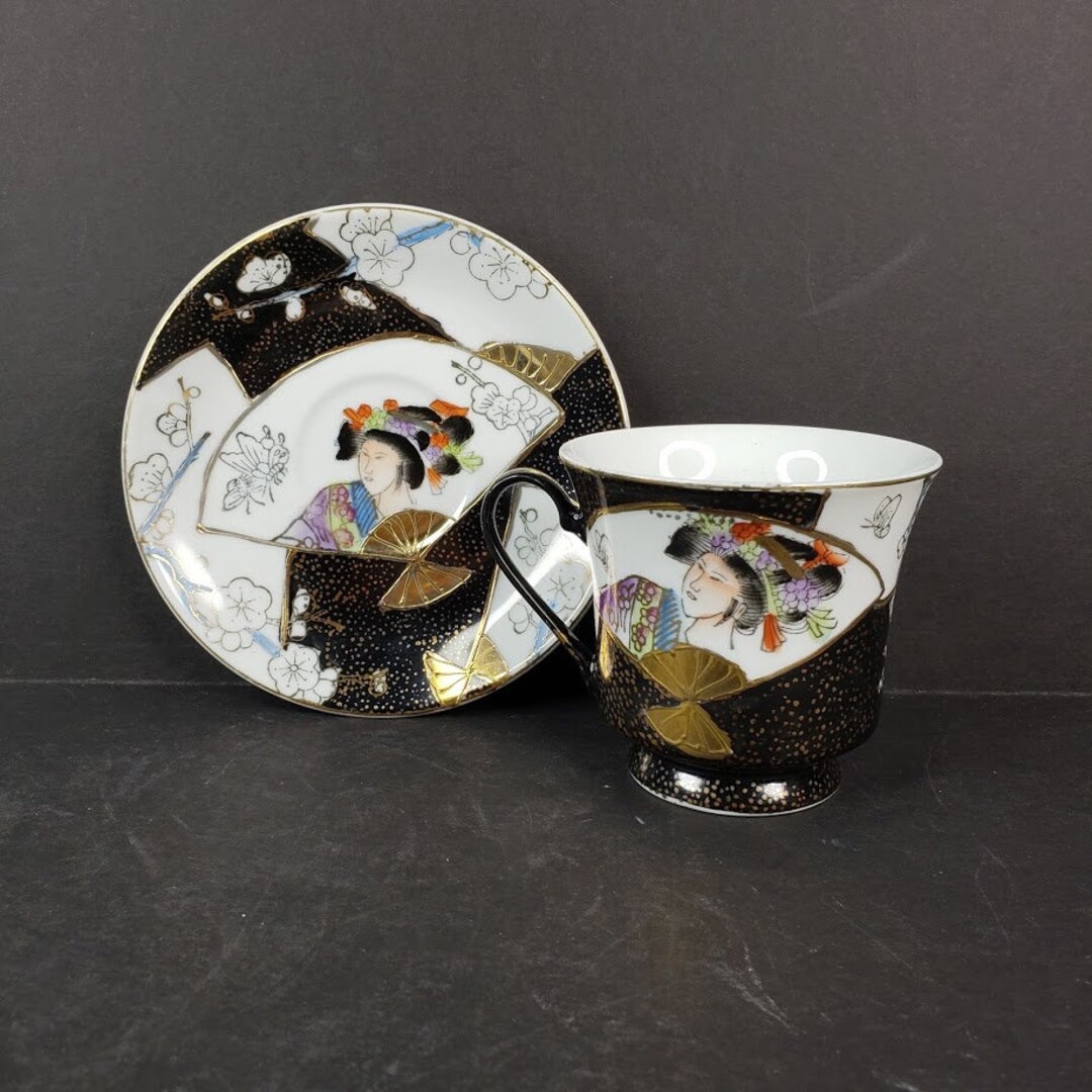 Vintage Asian Geisha Porcelain Tea Cup and Saucer Set Gold Hand ...