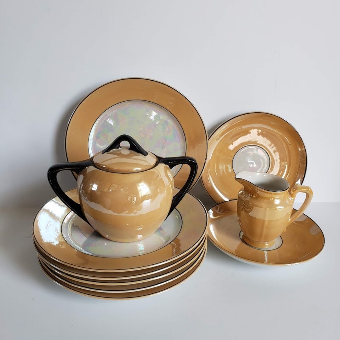 Peach Lusterware Black Trim Art Deco Style 11 Pieces Bread Plates ...