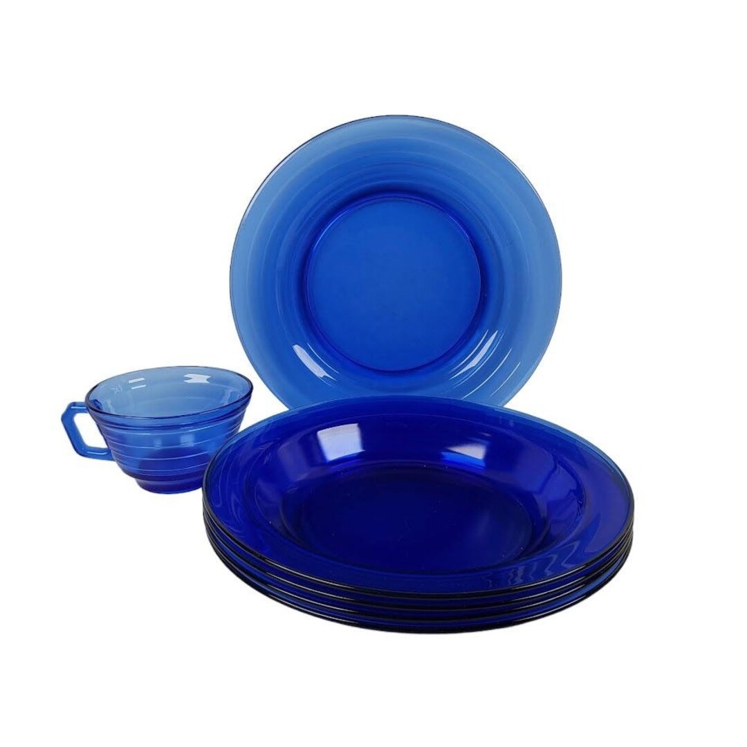 Vintage Blue Glass Dinnerware Arcoroc Bowls Dinner Plate Cup 6 Pieces ...