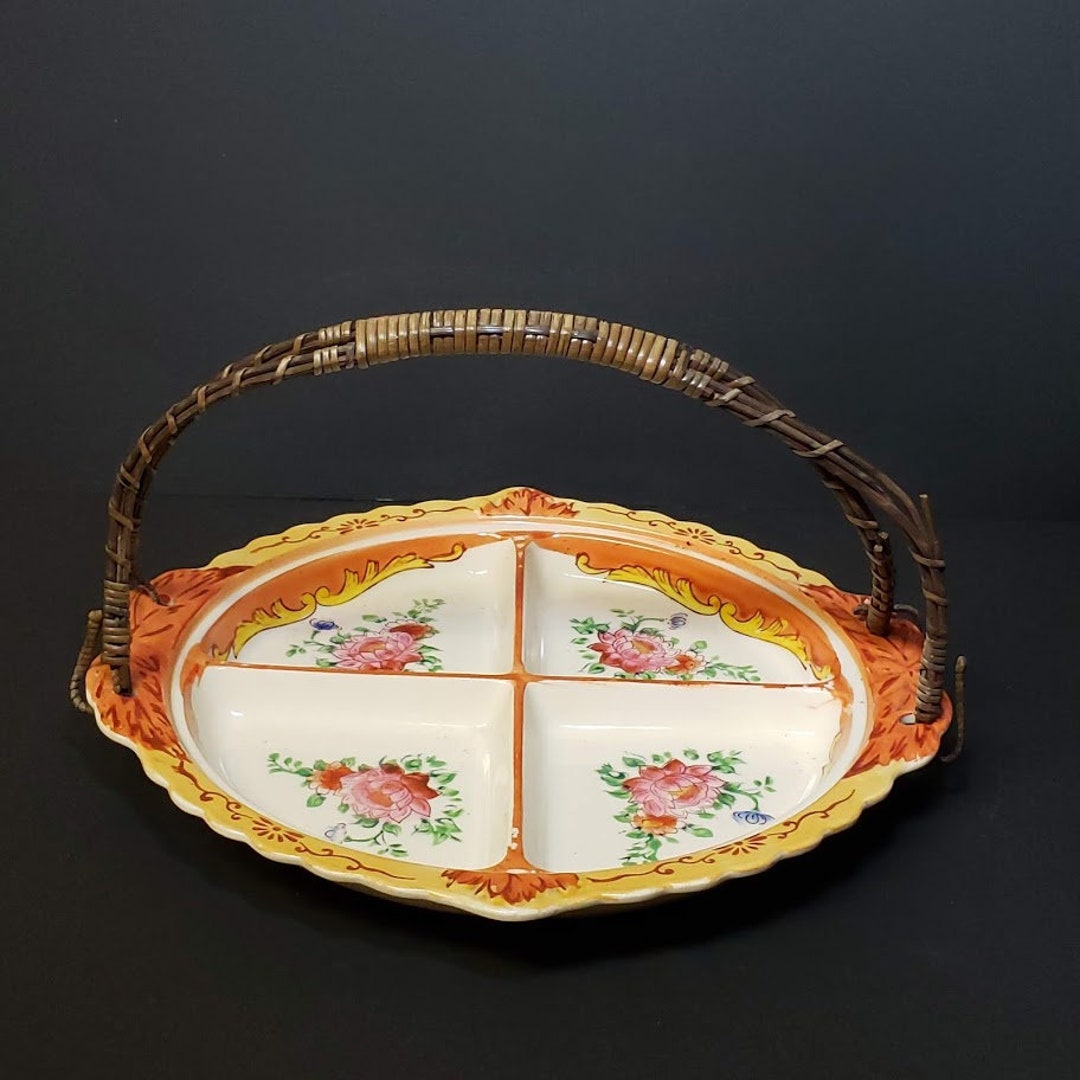 Vintage Lusterware Divided Plate Dish Wicker Handle Floral Design Bold ...