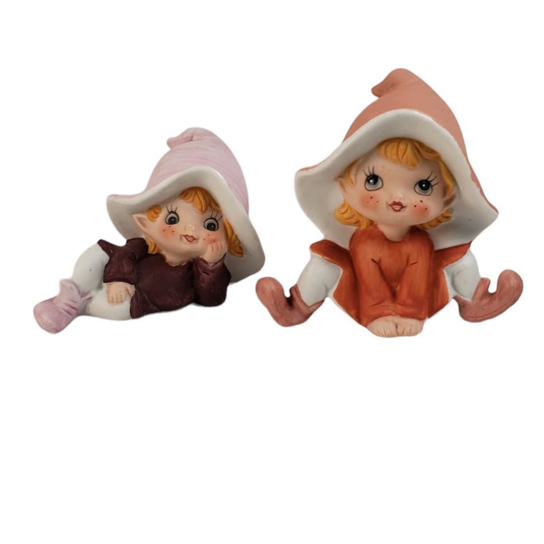 Vintage Homco Pixie Elves Seated and Laying Down Porcelain Hand Painted ...