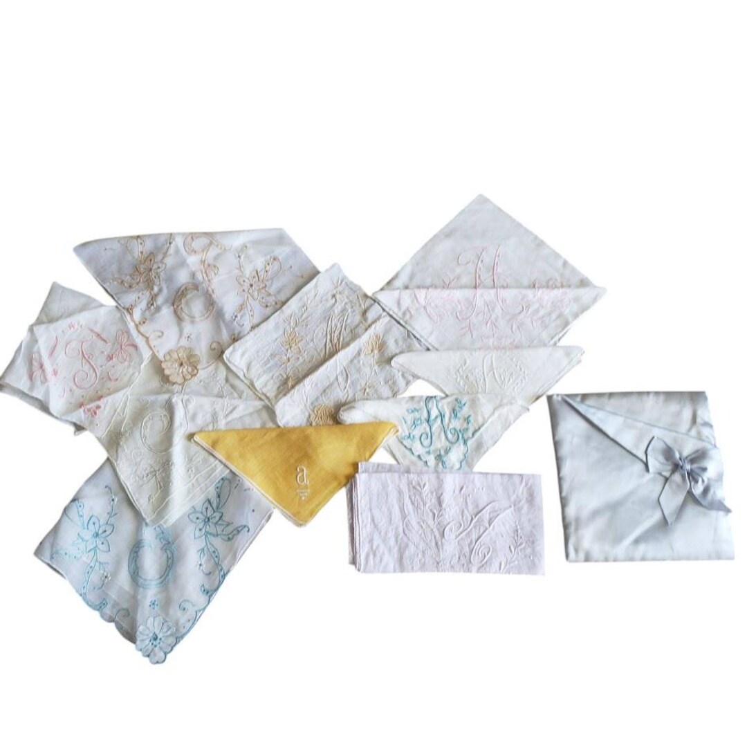 Vintage Hankies in Blue Satin Storage Pouch All Have an Initial of A M ...