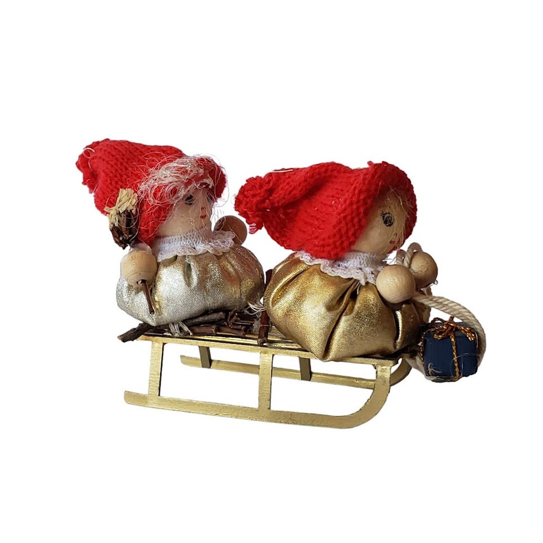 Vintage Danish Christmas Ornament Two Spun Cotton Nisse on Metal Sled ...