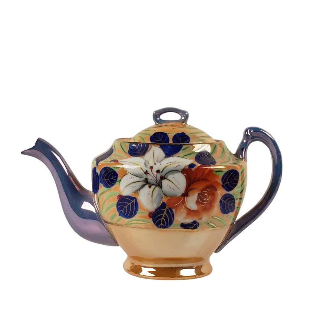 Lusterware Teapot Peach and Blue Hand Painted Floral Design Made in ...