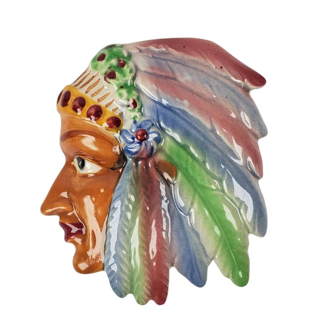 Vintage Art Pottery Wall Pocket Vase Native American Feathered Chief ...