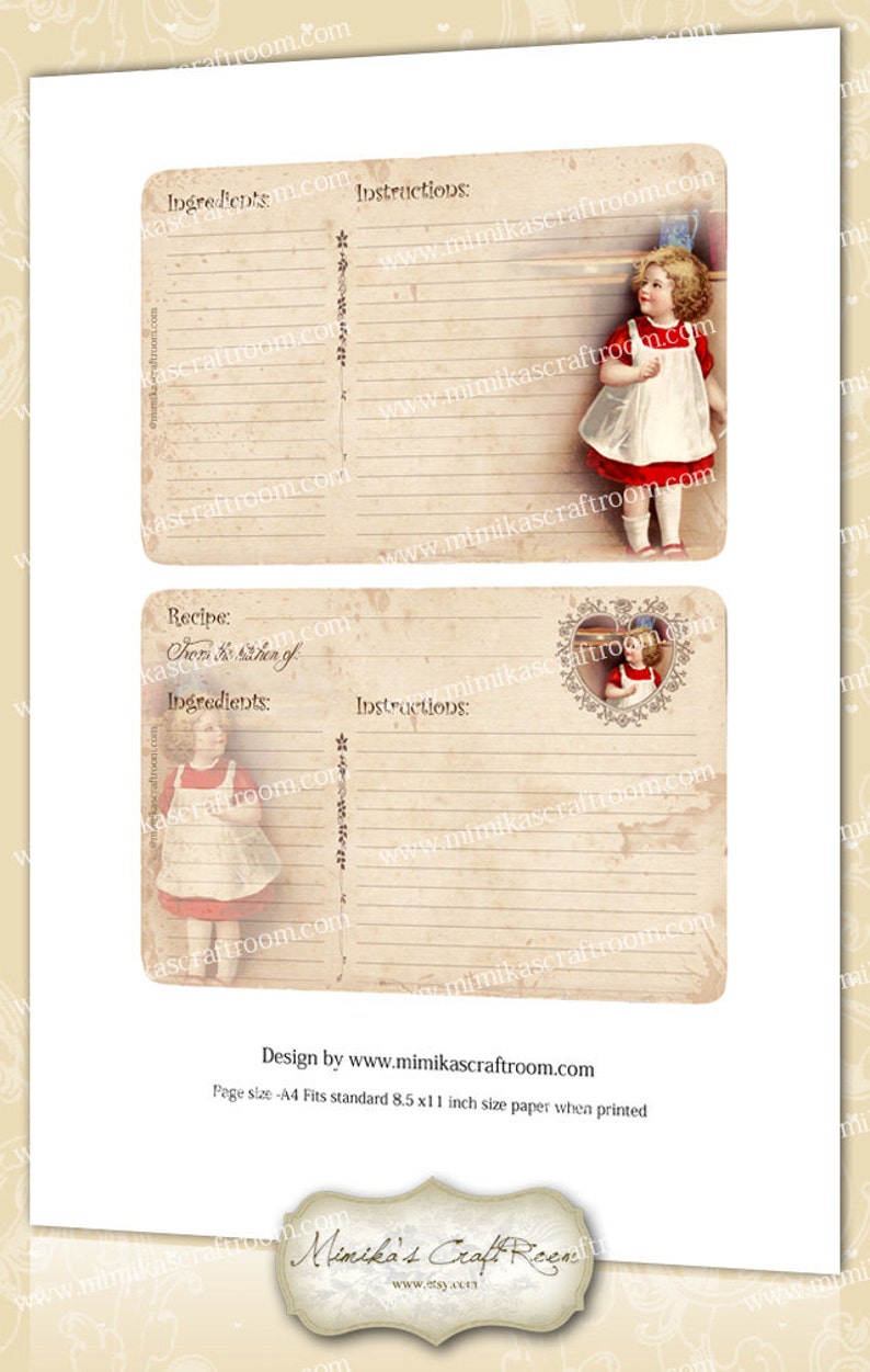 Printable Recipe Cards Instant Download Digital Collage Sheet KITCHEN ...