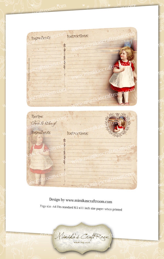 Printable Recipe Cards Instant Download Digital Collage Sheet - KITCHEN ...
