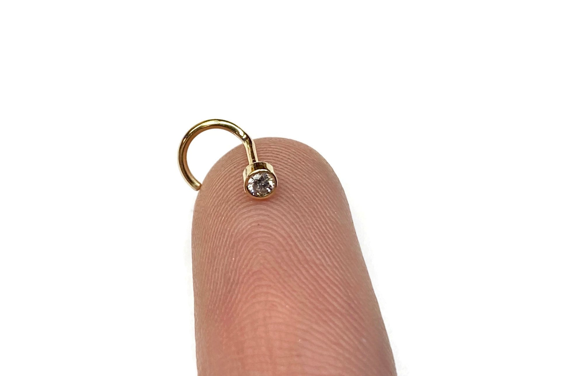 Genuine Diamond Nose Stud in Solid 14 Karat Yellow Gold ~ 2mm Bezel Set ...
