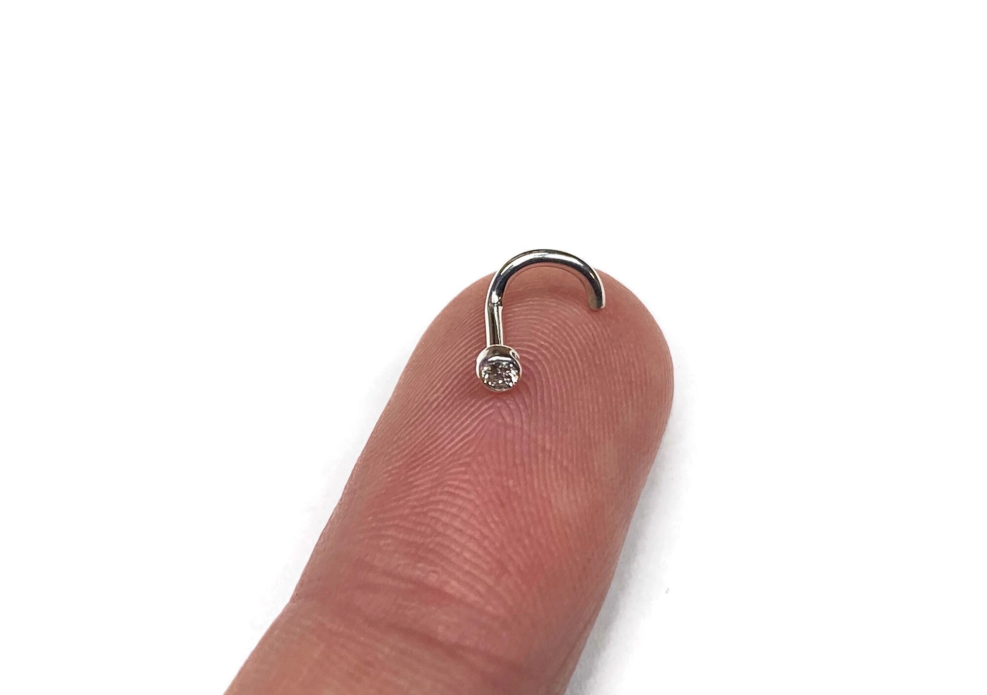 Genuine Diamond Nose Stud in Solid 14 Karat White Gold ~ 2mm Bezel Set ...