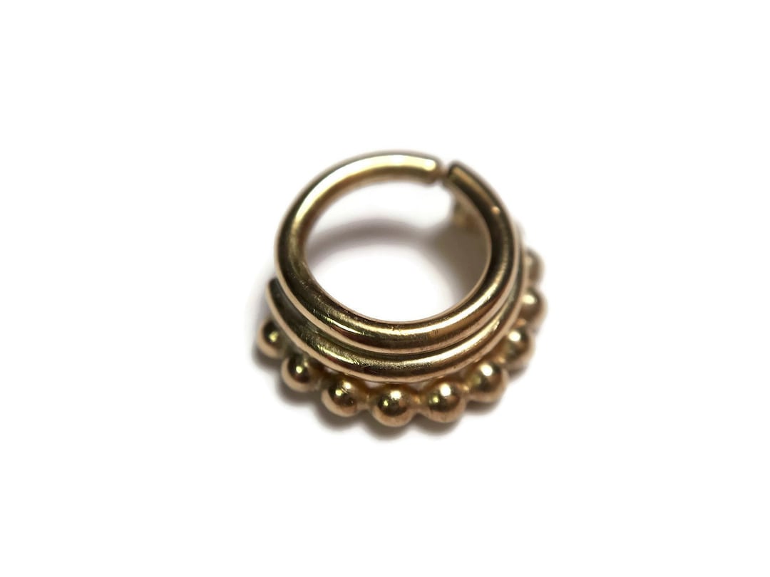 Gold Stacked Septum Ring ~ Triple Layered Nose Ring ~ Beaded Nostril ...