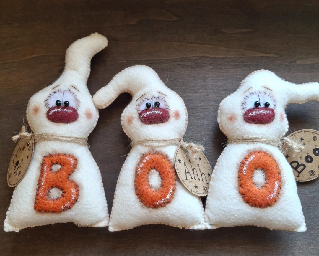 BOO Ghost Plush Set Primitive Halloween Decor, Felt Ghost Shelf Sitter ...