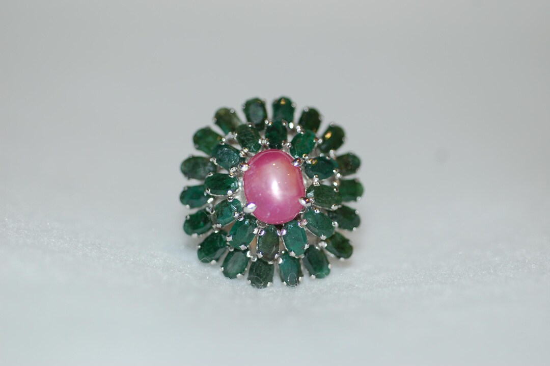 Ruby Cabochon and Emerald Vintage Style Cluster Cocktail Silver Ring - Etsy