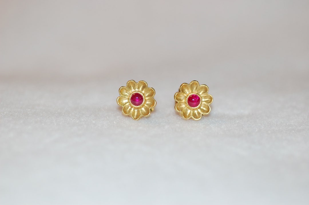 Ruby Flower Romantic 22K Yellow Gold Stud Earrings - Etsy