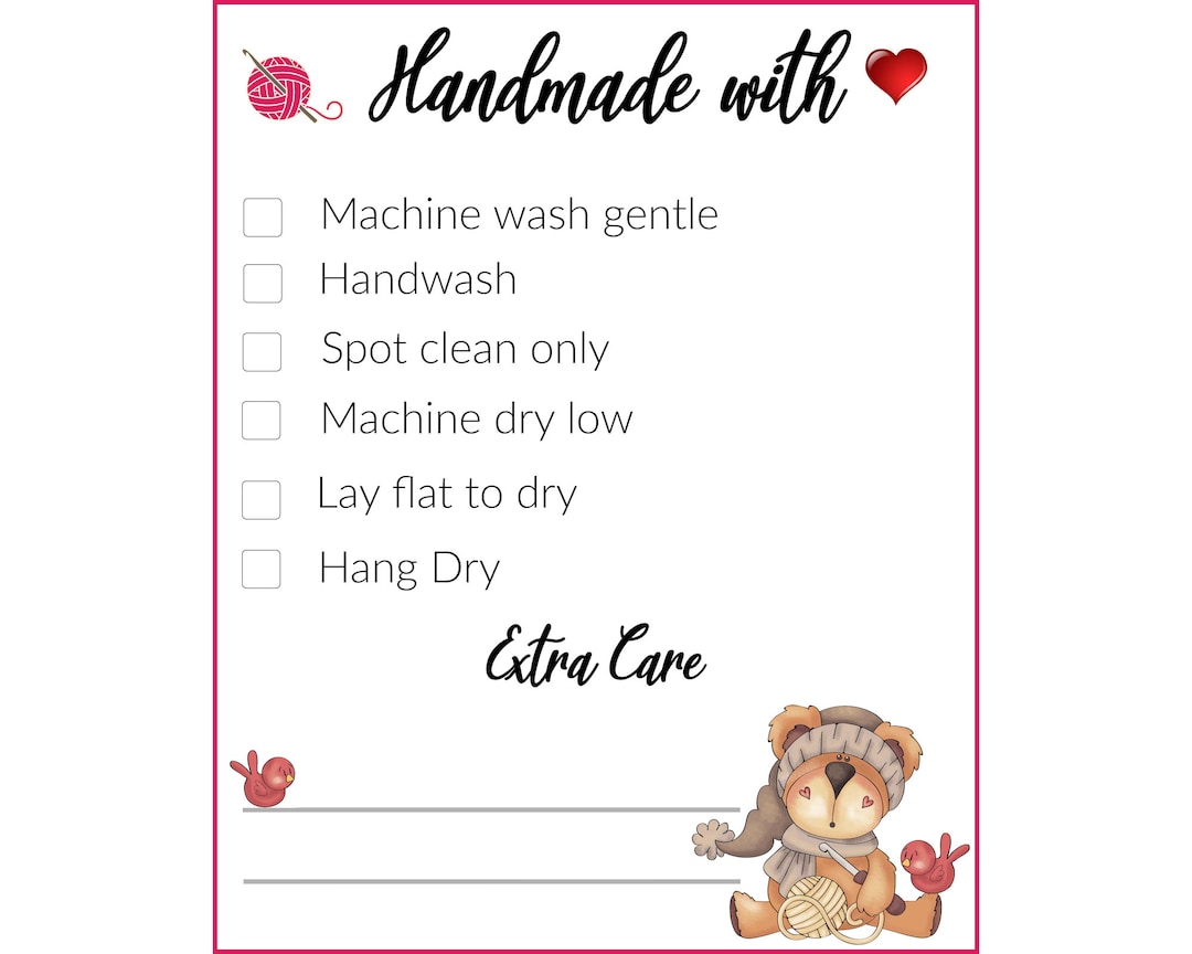 Handmade Care Instruction Tags | Crochet Care Instructions Tag ...