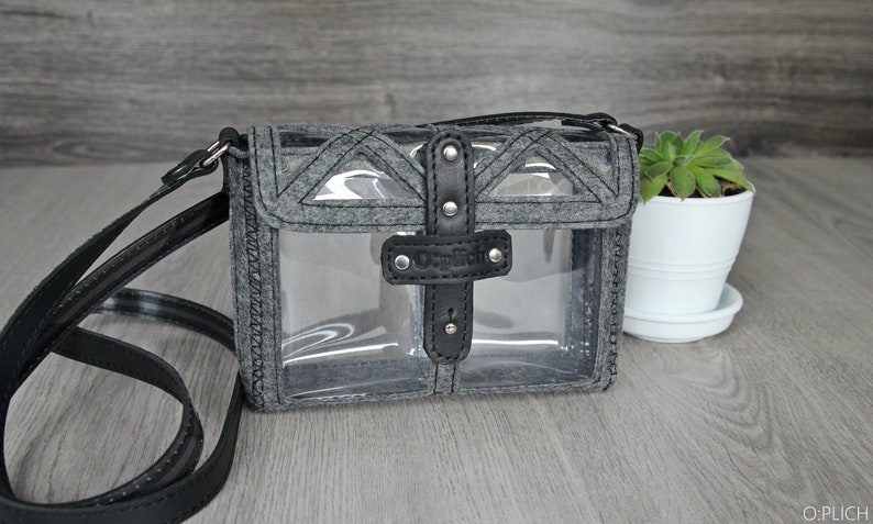 Clear Purse-clear Stadium Bag-genuine Leather & Grey Felt Bag-clear ...